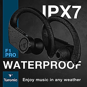 Turonic F1 Pro - True Wireless Earbuds - 45H Playtime, Charging case, Mic, IPX7 Waterproof Bluetooth Headphones w/Microphone - Sport Wireless Earphones with Earhook for Gym, Running, Workout - Black