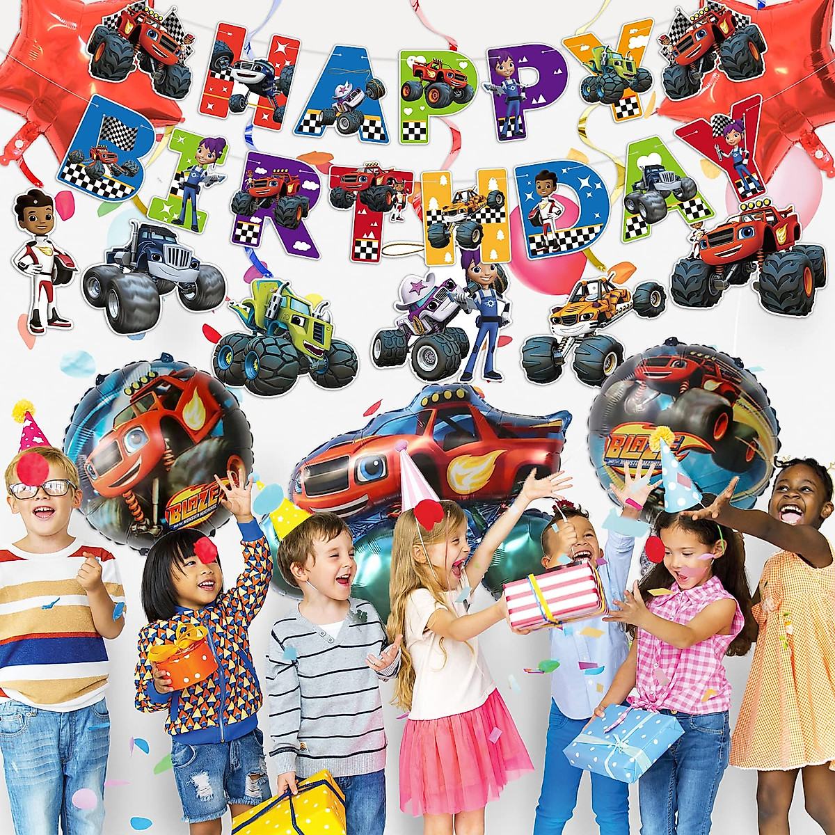 Blaze Birthday Decorations Blaze and The Monster Machines Party Balloon Banner and Hanging Swirls for Kid, Boys and Girls Happy Birthday Banners