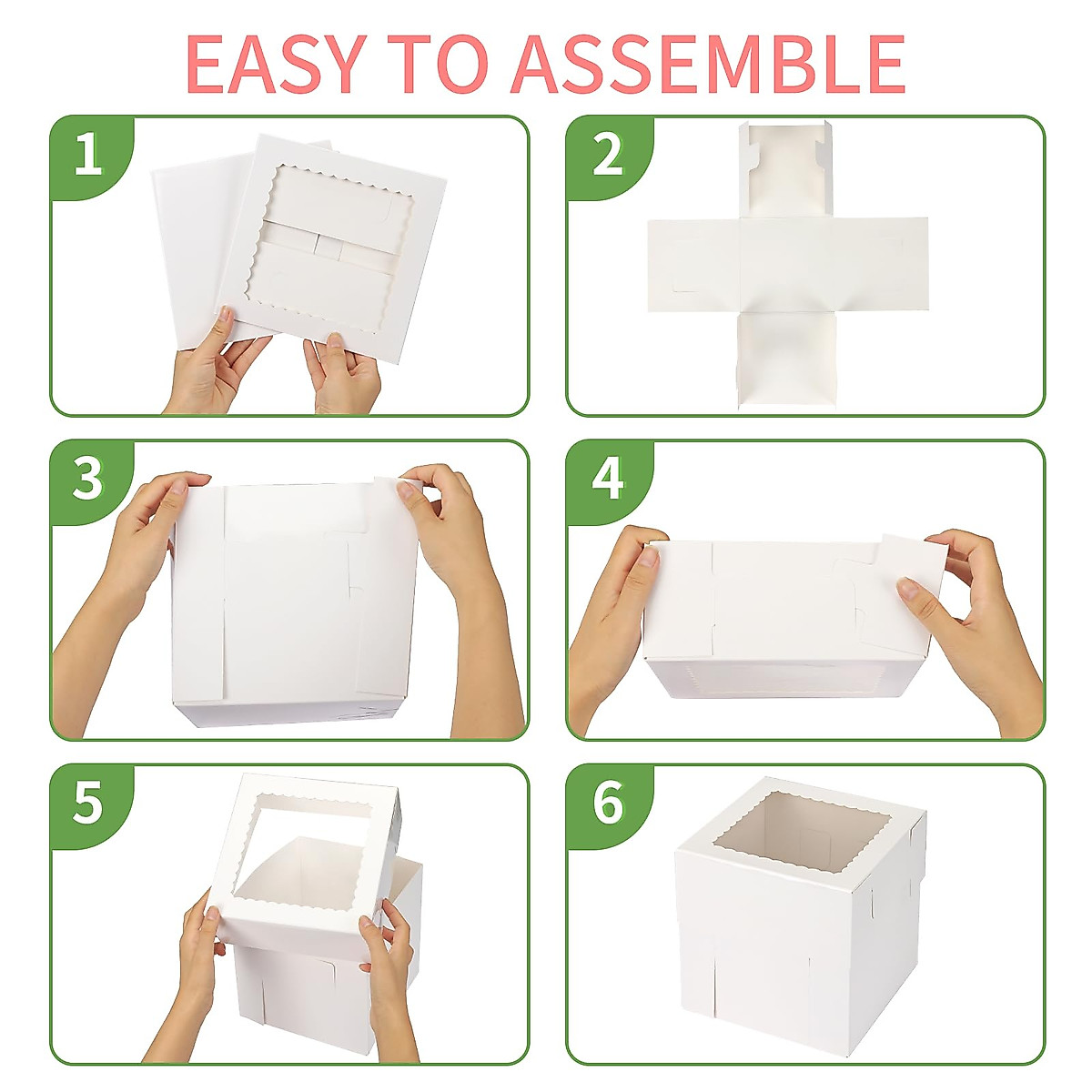 Moretoes 12 Pcs Cake Box, Tall Cake Boxes with Window in 3 Sizes 12x12x12 10x10x10 8x8x8 Inches, Bakery Boxes Disposable Carrier Take Out Container, 2 or 3 Tier for Valentine's Day Mother's Day