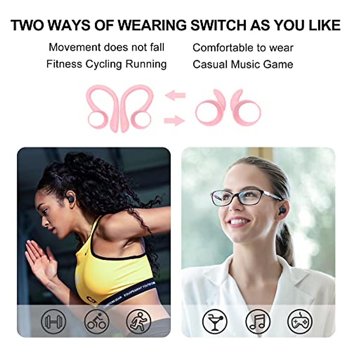 Pink Over the Ear Wireless Earbuds with Earhooks Bluetooth Earbuds with Ear Hook Workout Running Sport Headphones Waterproof Ear Buds Small Mini Earphones Noise Cancelling Headset with Microphone