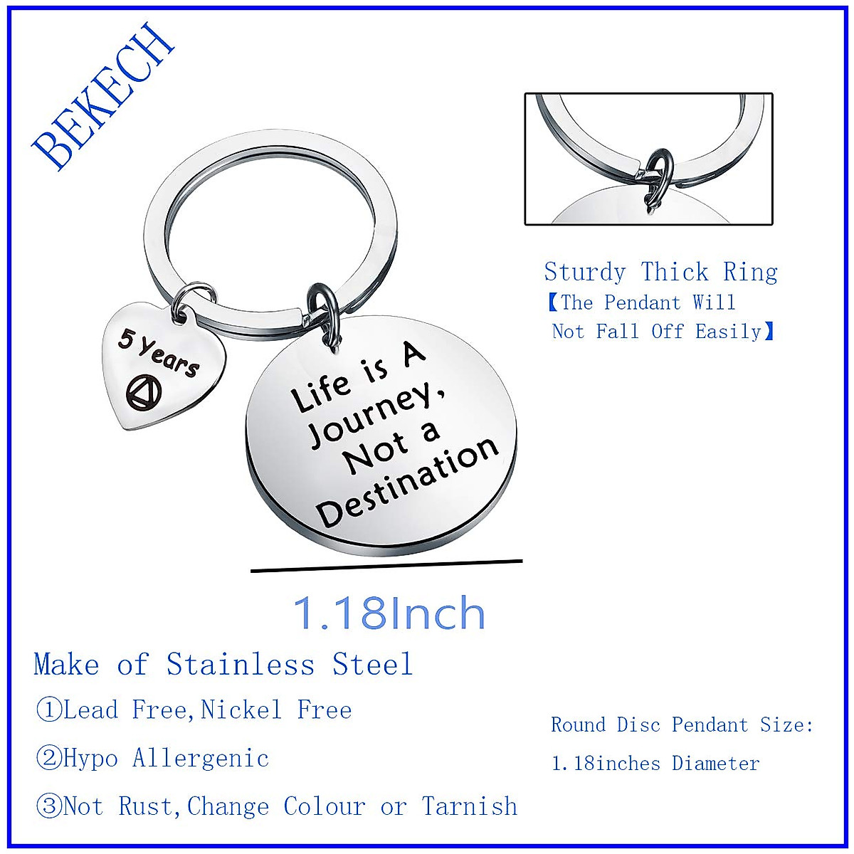 BEKECH Sober Gift Sobriety Anniversary Keychain Life is A Journey Not A Destination 1 Month 6 Months 1 Year 2 Years 3 Year AA Yearly Recovery Jewelry Gift for Women Men (silver 5years)