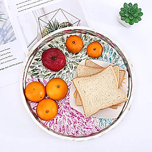 i-lan 16 Inch Mother of Pearl Inlay Round Tray, Gorgeous Shell Wooden Decorative Serving Tray with Handles and 2 Inch Wall, Circle Lacquer Ottoman Tray for Coffee Table, Vanity, Countertop