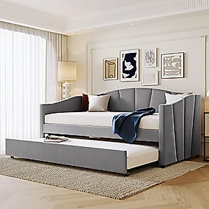 BIADNBZ Twin Size Daybed with Trundle and Wood Slats Support, Upholstered Sofa Bed for Bedroom GuestRoom Living Room, Gray