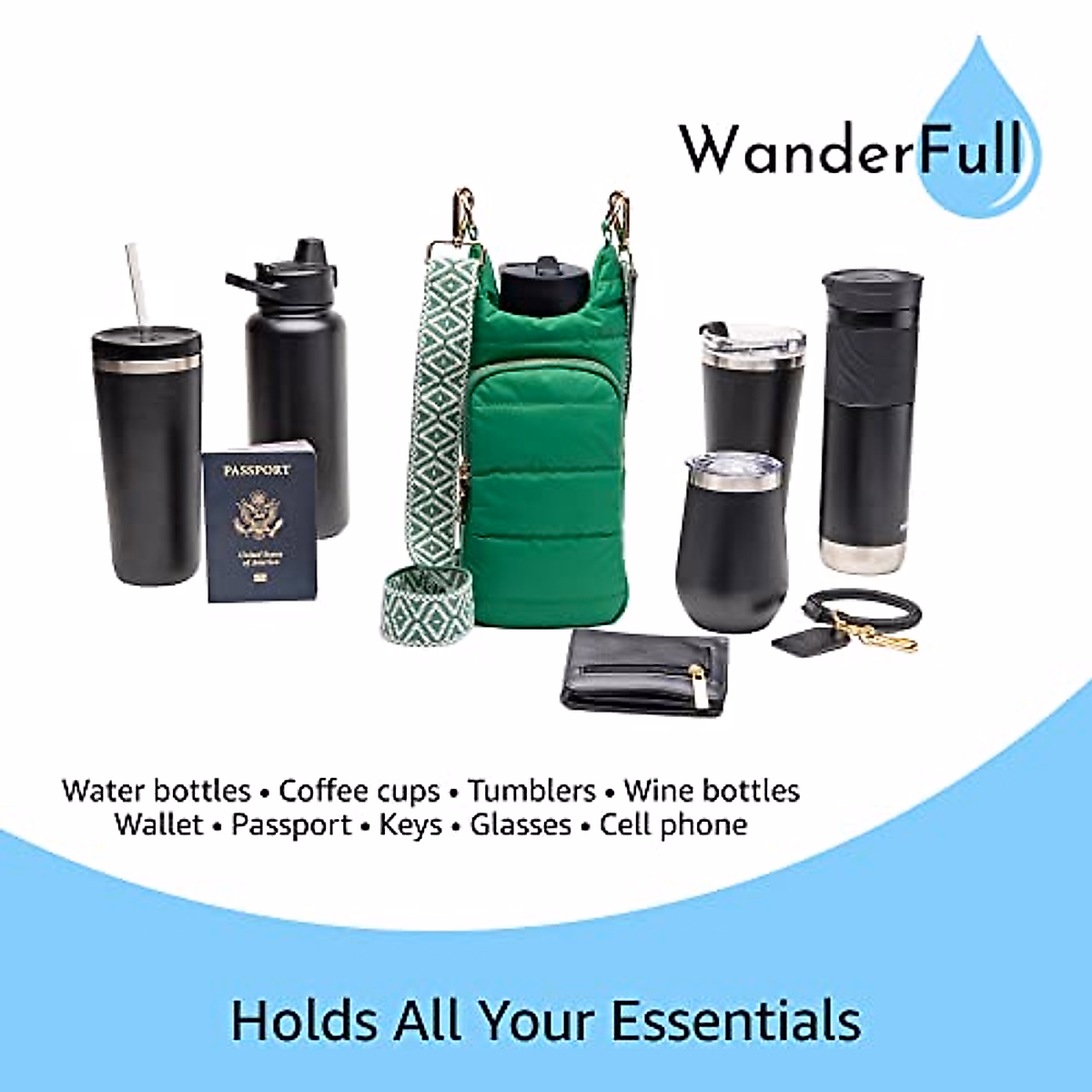 WanderFull Crossbody HydroBag - Water Bottle Holder - Quilted Bottle Bag - Water Bottle Carrier with Strap - Stylish Puffer Tote for Water Bottle (Green with Patterned Strap)