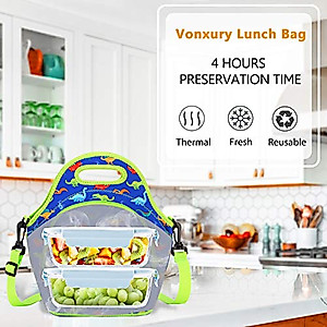 VX VONXURY Lunch Bag for Boys, Neoprene Small Lunch Box Bag for Kids Cute Insulated Thermal Lunch Tote with Removable Shoulder Strap, Dinosaur