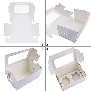 PRALB 50Pack White Paper Cupcake Boxes with Pvc Window and Two Treat Holder, Pastry and Cookie Box,Cupcake Containers Bakery Cake Box,Auto-Popup Cupcake Carriers Bakery Cake Box(6.3x3.5x3inch)