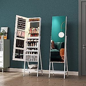 HNEBC Jewelry Cabinet Armoire with Lights,Lockable Jewelry Organizer Standing 47.2''Full-Length MirrorJewelry Boxes for Women Mirror with Jewelry Storage,Built-in LED Makeup Mirror/Drawer(White)