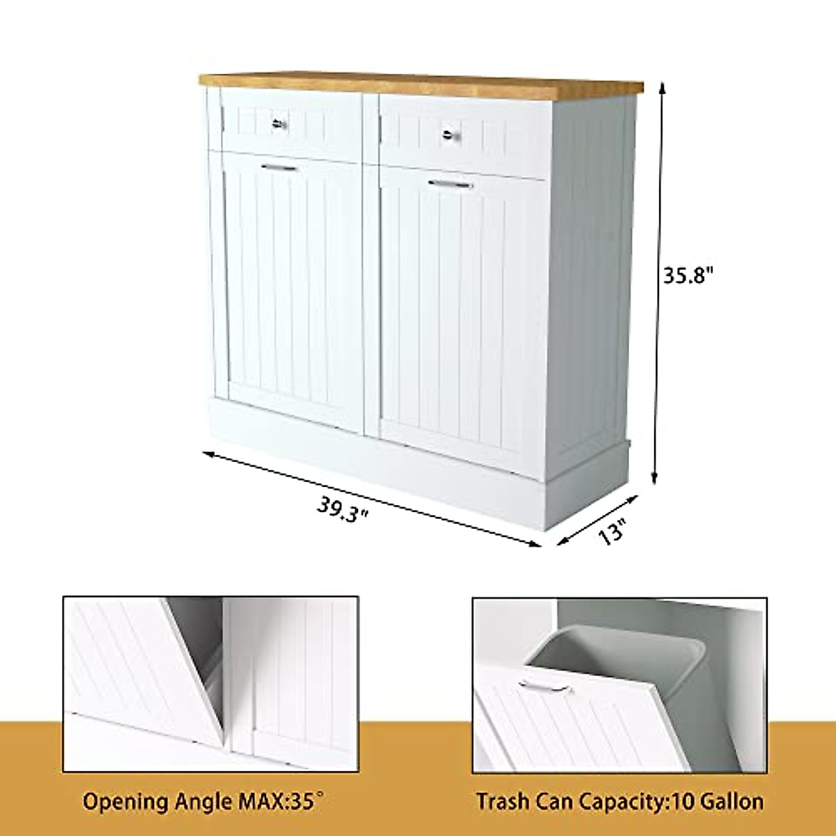Betterhood Double Tilt Out Trash Can Cabinet 20 Gallon for Kitchen with Drewers & Solid Wooden Tabletop Free Standing,Trash Bin Cabinet (White)