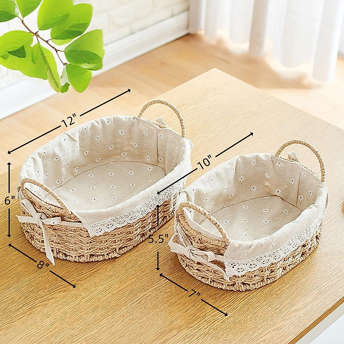 GIB Wicker Storage Baskets for Shelves, Small Wicker Baskets for Organizing, Decorative Natural Paper Rope Woven Serving Baskets Trays with Handle and Liner, Set of 2
