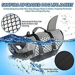 SUNFURA Dog Shark Life Jacket, Ripstop Dog Life Vest Puppy Floats for Swimming Pool with Rescue Handle & Superior Buoyancy, Small Medium Dog Life Jackets Pet Life Preserver for Boating (Silver,L)