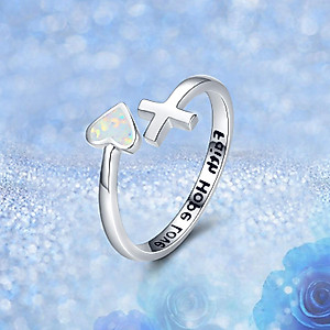JUSTKIDSTOY S925 Sterling Silver Love Heart Ring Engraved Faith Hope Love Blue/White Open Adjustable Opal Wrap Rings Inspirational Jewelry for Women (White Opal-6)