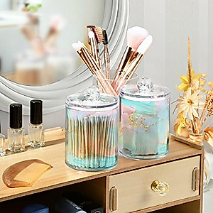 BOENLE 2 Pack Qtip Holder Dispenser Unicron Rainbow Marble Bathroom Storage Canister Lid Acrylic Plastic Apothecary Jar Set Vanity Makeup Organizer for Cotton Swab/Ball/Pad/Floss