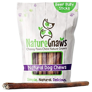 Nature Gnaws Bully Sticks for Dogs - Premium Natural Beef Dental Bones - Long Lasting Dog Chew Treats for Aggressive Chewers - Rawhide Free - Mixed Thickness 11-12"