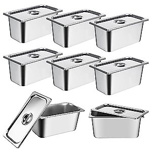 8 Packs Stainless Steel Hotel Pans 1/3 Size x 6" Deep Steam Table Pan with Lids Commercial Food Storage Containers Stackable Metal Steamer Pan Anti-Jam Hotel Pan Restaurant Warm Pans for Buffet Party