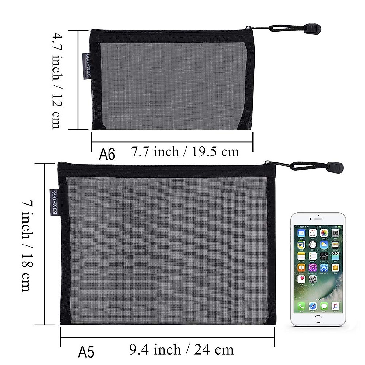 HRX Package Nylon Mesh Cosmetic Zipper Bags, 6PCS Black Makeup Pouches Pen Pencil Organizer Case for Travel Purse Diaper Bag (A5 x 3pcs, A6 x 3pcs )