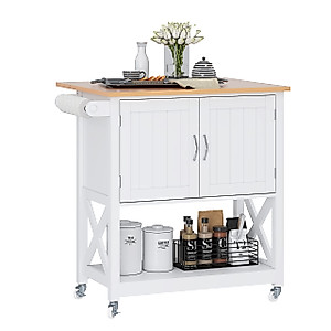 Spirich Kitchen Island on Wheels, Rolling Kitchen Cart with Storage Cabinet, Small Kitchen Island with Drop Leaf and Towel Rack for Dining Room, White
