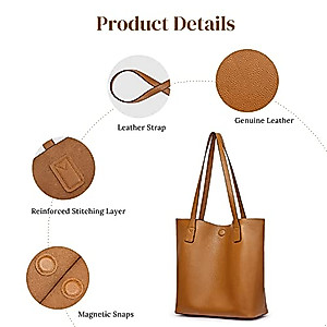 S-ZONE Genuine Leather Tote Bag for Women Soft Shoulder Handbag Ladies Purse with Canvas Pouch