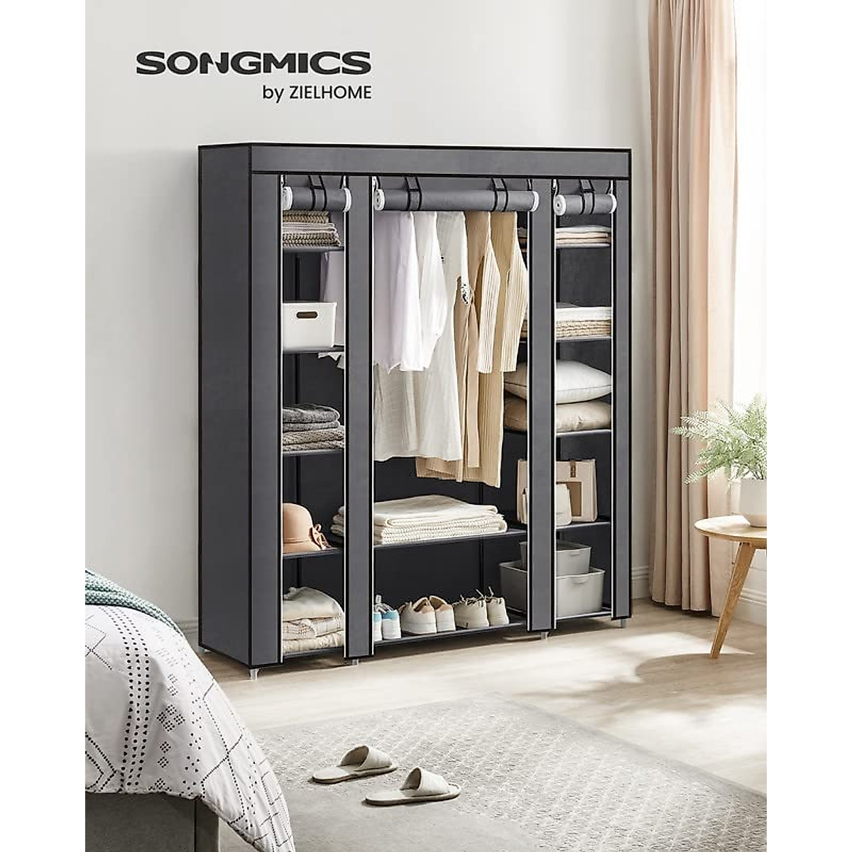 SONGMICS 59-Inch Portable Closet and 6 Storage Bins Bundle, Closet Storage Organizer with Fabric Boxes, Quick and Easy Assembly, Gray ULSF03G and UROB26LG