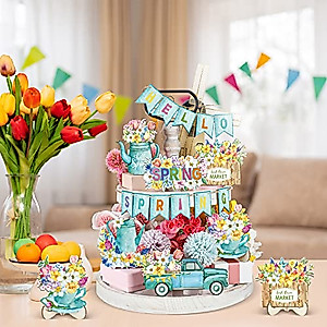 18 Pieces Hello Spring Tiered Tray Decor Easter Tiered Tray Decorations Fresh Flower Market Wooden 3D Sign Farmhouse Mini Spring Decor for Holiday Kitchen Home Easter Spring Party Decor(Null)