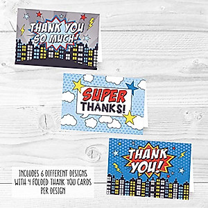 24 Superhero Thank You Cards With Envelopes, Kids Birthday Party or Adult Comic Red Blue Bam Pow Gratitude Supplies For Grad, Baby or Bridal Wedding Shower, For Boy or Girl Children Hero Stationery