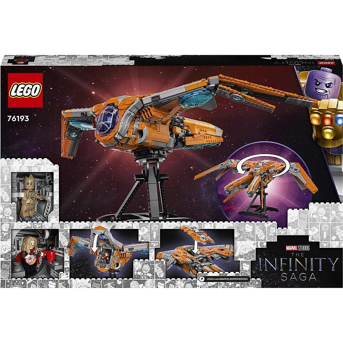 LEGO 76193 Marvel The Guardians’ Ship Large Building Set, Avengers Spaceship Model with Thor & Star-Lord Minifigures, 14 min years, 99 max years