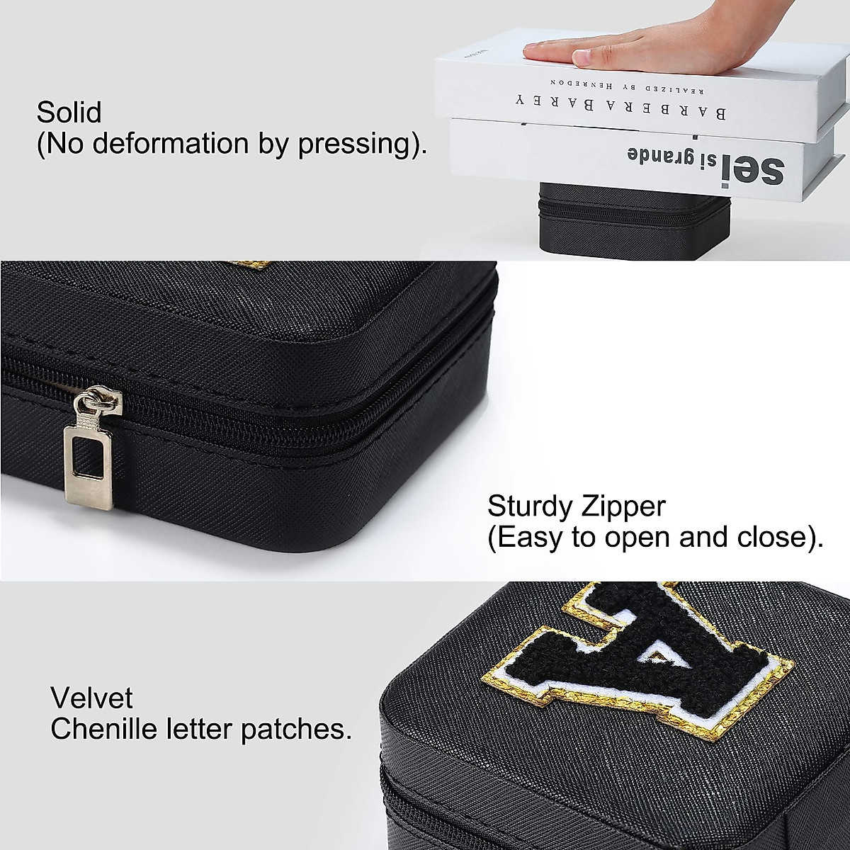 Parima Jewelry Box, Small Travel Organizer for Necklaces, Earrings, Rings, Bracelet, Initial M-Black