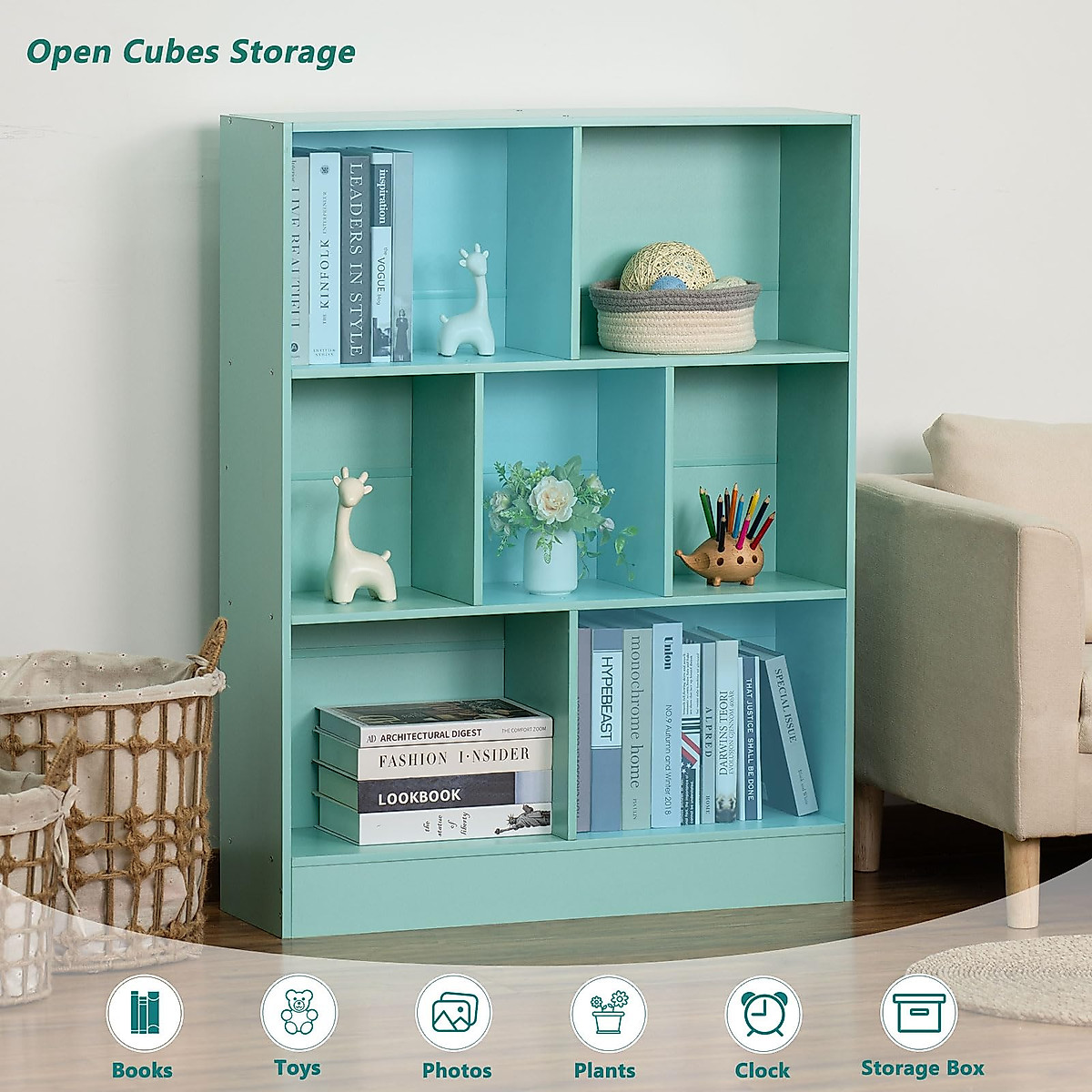 LEYAOYAO 7 Cube Bookshelf with Base,3 Tier Modern Mint-Green Kids Bookcase,Standing Wide Bookshelves Storage Organizer Toy Shelf,Wood Display Children's Book Shelves for Bedroom,Living Room,Nursery