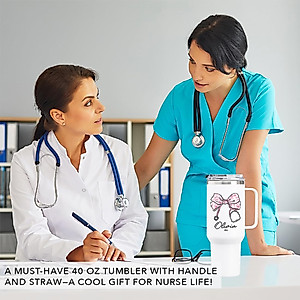 Andaz Press Personalized 40oz Tumbler with Handle, Lid and Straw, Coquette Bow Custom Name 40 oz Tumbler Travel Mug, Nurse Appreciation Gifts Custom Mug with Name Nurse Gifts for Women Nursing Student