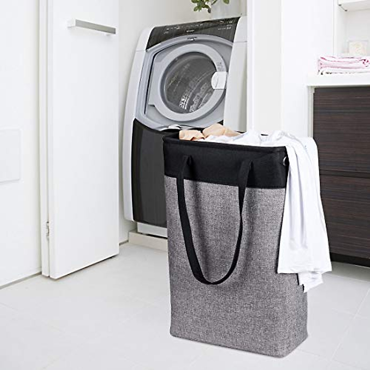 i BKGOO Laundry Basket with Handles Black&Grey-Slim Laundry Bin Collapsible Dirty Clothes Basket Narrow Laundry Bag Foldable Dirty Hamper for Camping, Dorms, Apartments