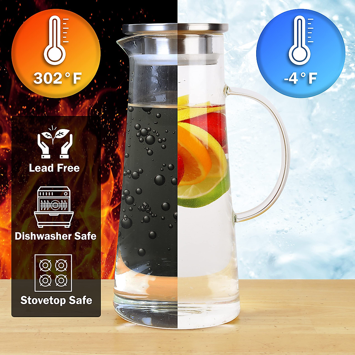 51oz Glass Pitcher with Lid Heat Resistant Glass Water Pitcher/Water Carafe with Infuser Pitcher Lid - For Hot/Cold Beverages - Water, Cold Brew, Iced Tea & Juice 1.5 Liter