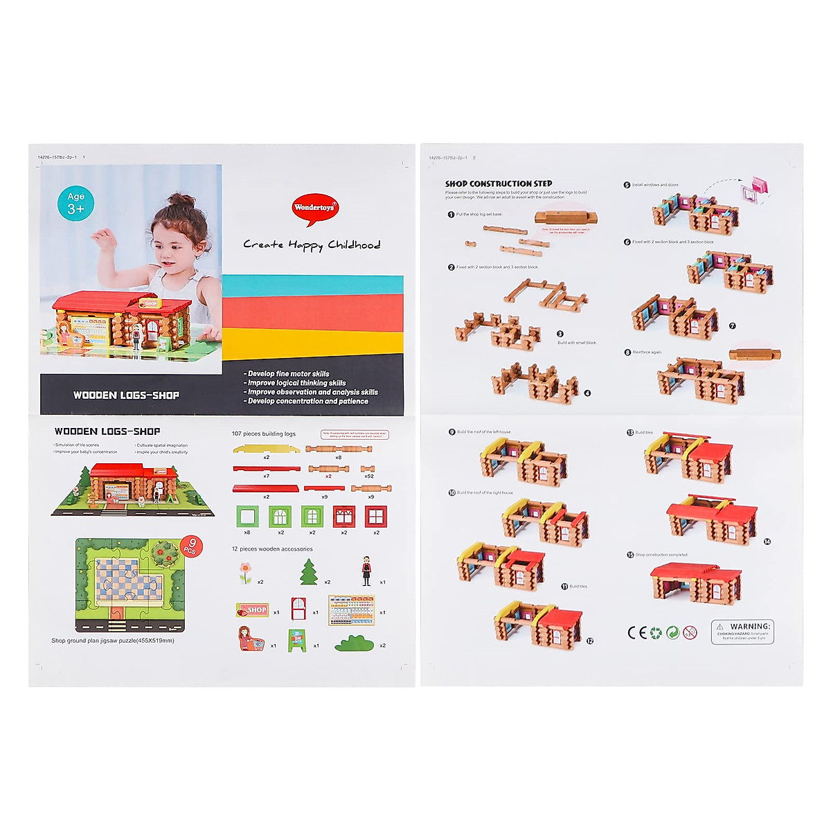Wondertoys 239 Pieces Real Wood Logs Set Ages 3+, Classic Building Log Gift Set for Boys/Girls– Creative Construction Engineering - Top Blocks Game Kit - Preschool Education Toy