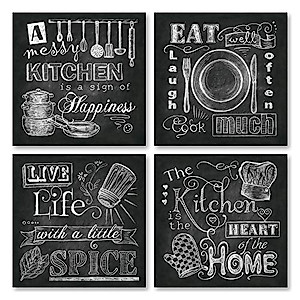 Beautiful, Fun, Chalkboard-Style Kitchen Signs; Messy Kitchen, Heart of The Home, Spice of Life, and Cook Much; Four 12x12in Paper Posters (Printed on Paper and Made to Look Like Chalkboard)