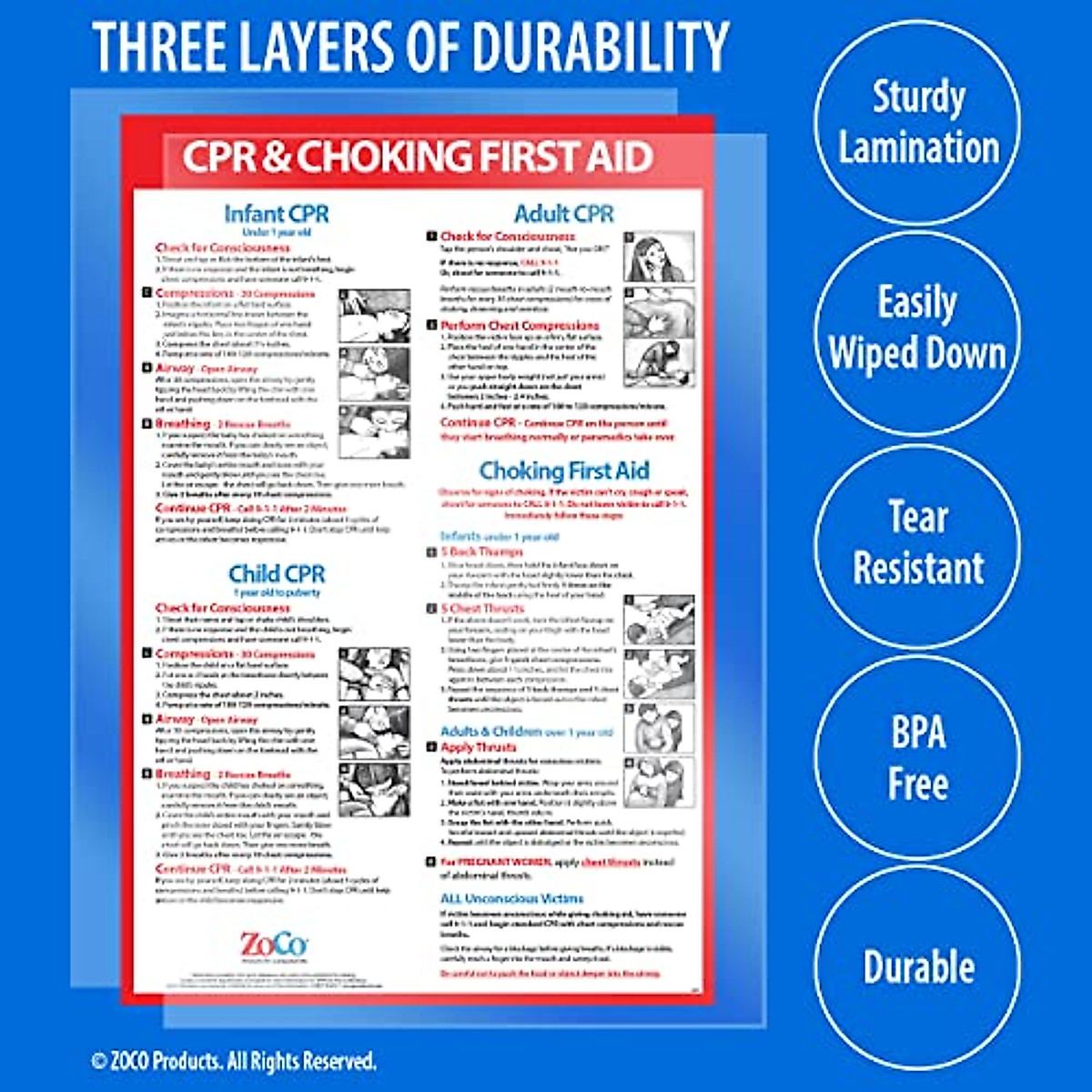 CPR and Choking Poster for Infant, Child, Adult - Laminated, 12 x 18 in. - CPR, Heimlich Maneuver First Aid Sign - Restaurant, School Nurse Office, Workplace Healthcare Poster