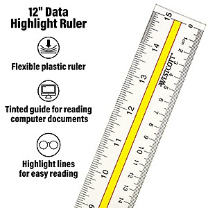 Westcott Acrylic Data Highlight Reading Ruler With Tinted Guide, 15" Clear