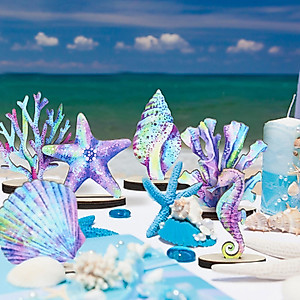 Beeveer 16 Pieces Mermaid Party Decorations Under the Sea Mermaid Bee Disco Dinosaur Table Centerpiece DIY Wood Bee Disco Table Decor for Ocean Bee Disco Dinosaur Theme Birthday Baby Shower (Mermaid)