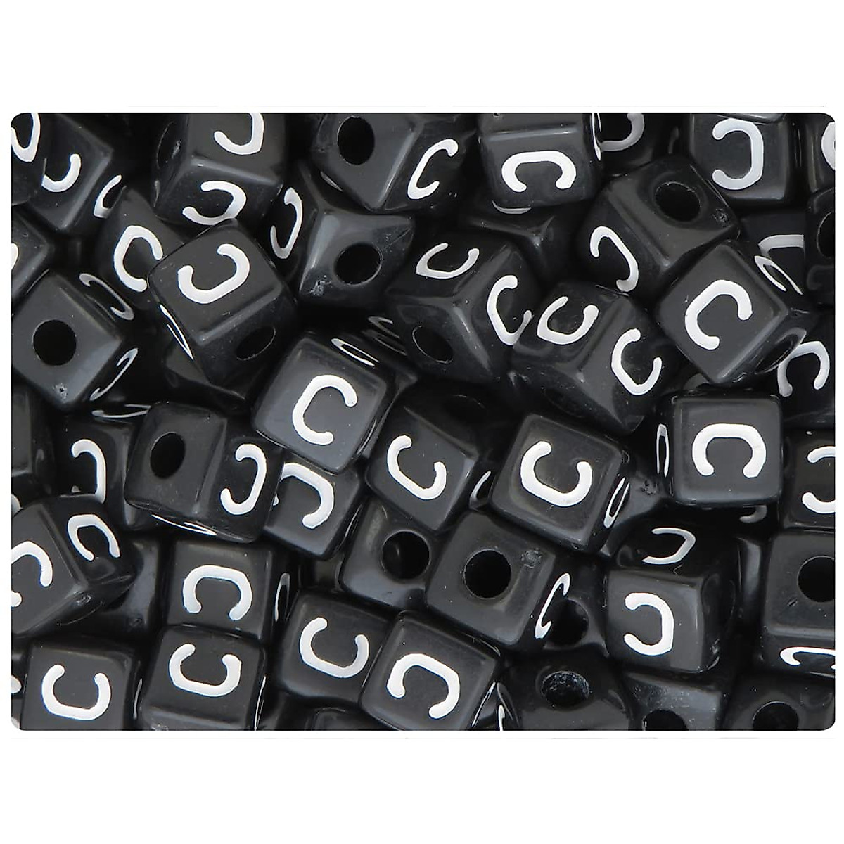 BeadTin Black Opaque 10mm Cube Alpha Beads - White Letter (20pcs) (Letter C)