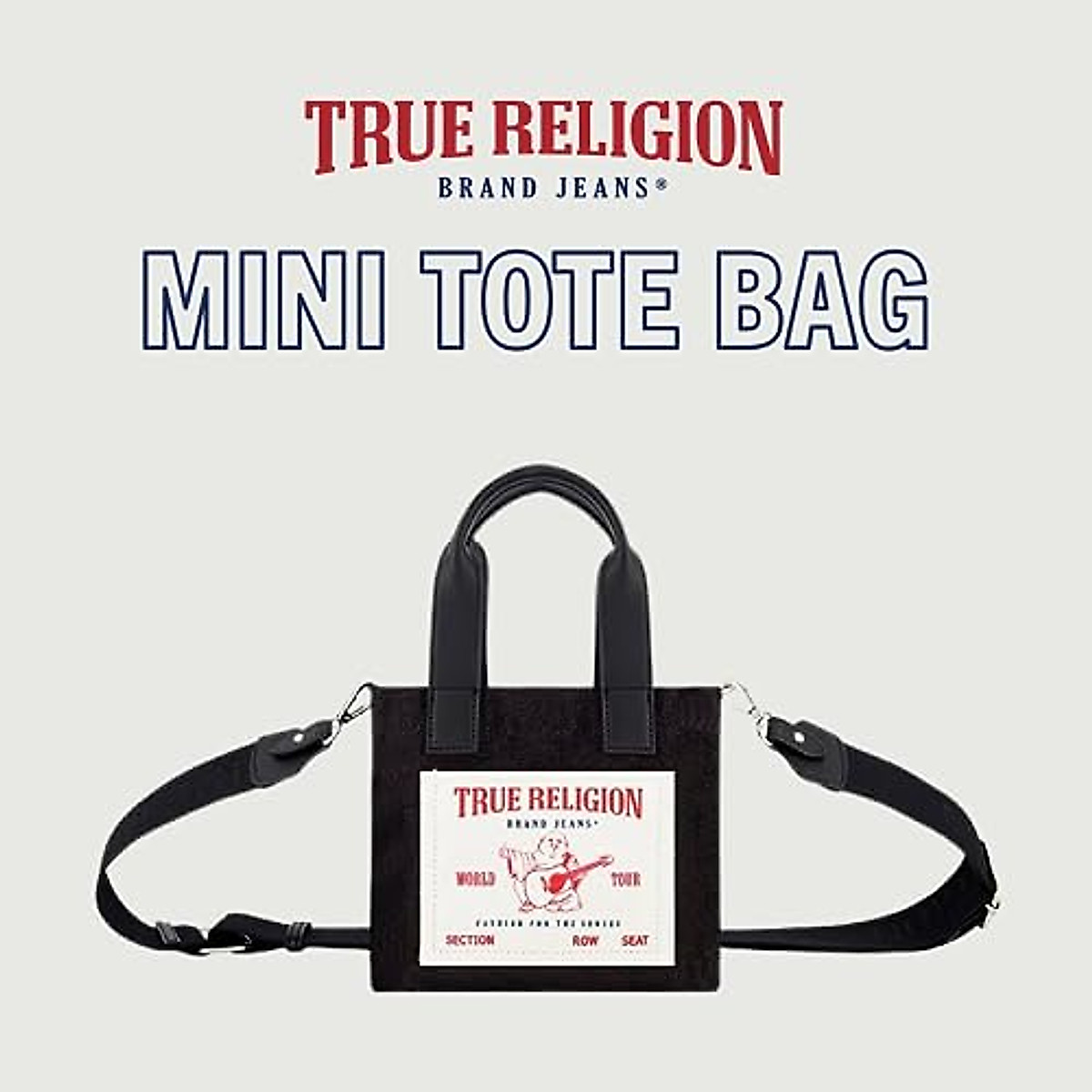 True Religion Tote, Women's Mini Travel Shoulder Bag with Adjustable Strap, Black Denim