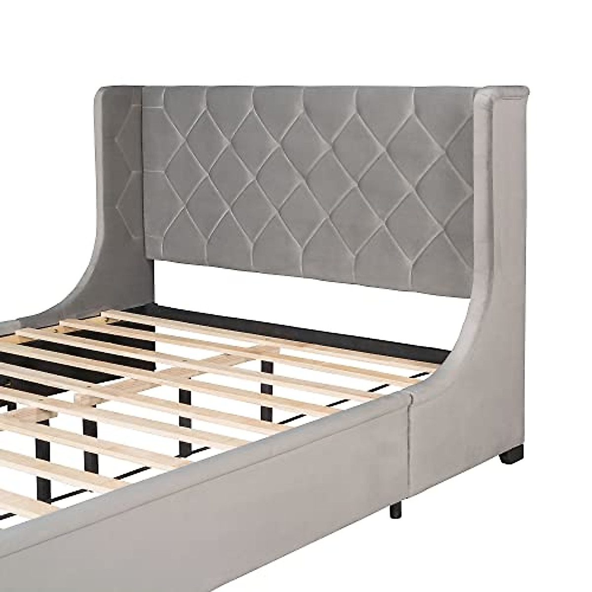 Prohon Upholstered Platform Bed with Wingback Headboard and 1 Big Storage Drawer, Velvet Tufted Bed Frame Queen Size, No Box Spring Needed, Easy to Install, Wooden Slats Support, Grey