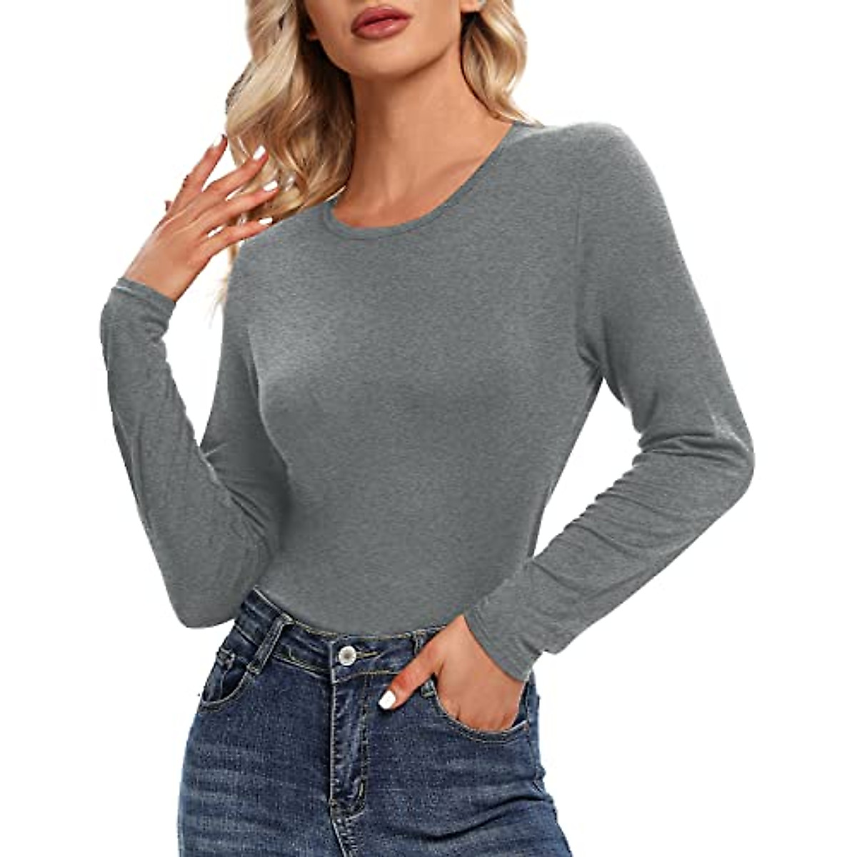 Urban CoCo Womens Crewneck Slim Fitted Long Sleeve T-Shirt Solid Tight Tunic Tops (Dark Grey, XL)