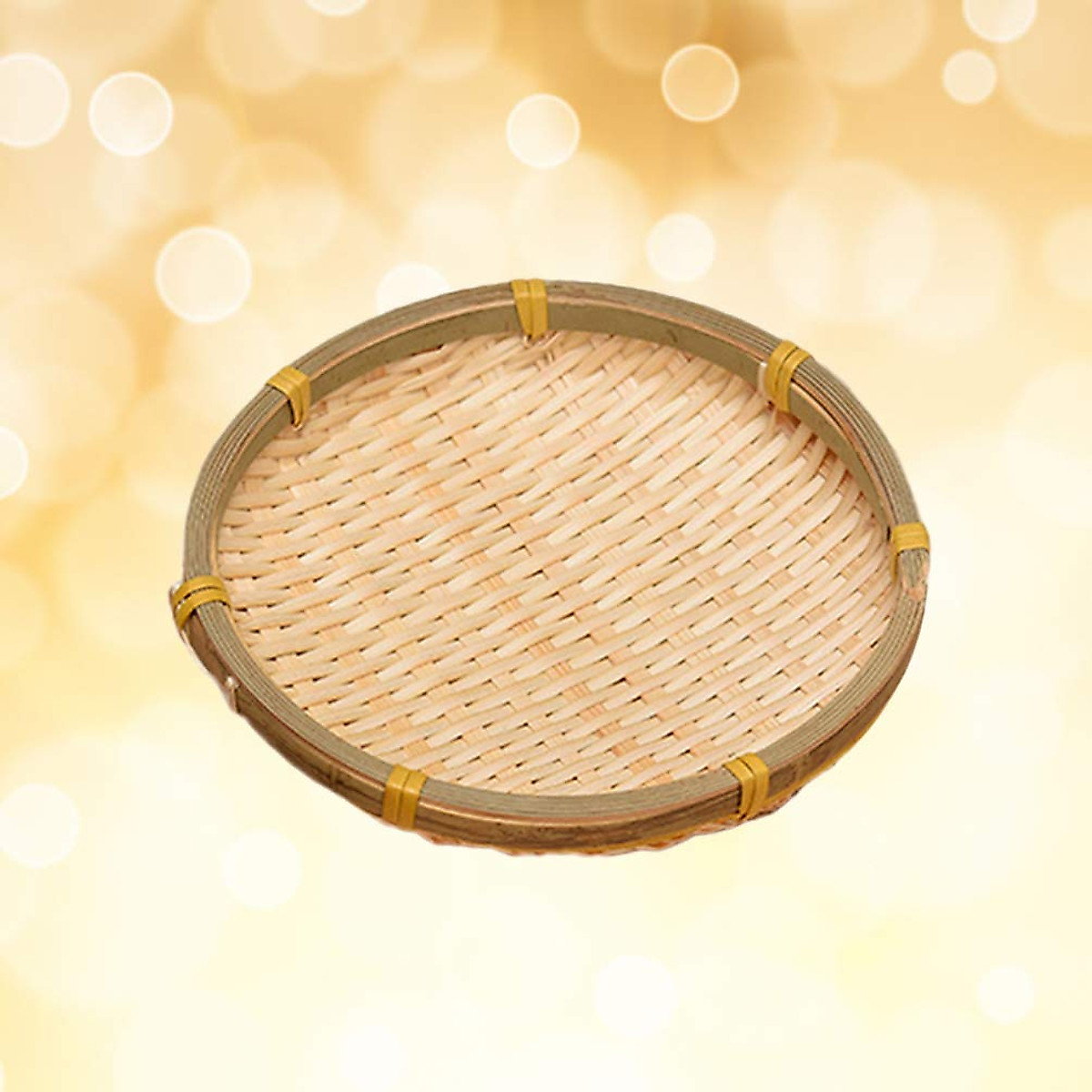 Hemoton Bamboo Woven Round Basket Tray Rustic Wood Decorative Serving Tray for Breakfast Drinks Snack Coffee Table Wall Hanging Home Decoration 18cm