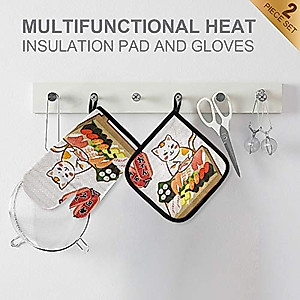 Oven Mitts and Pot Holders Sets, Sushi Cat Japanese Cute Funny Kitten Heat Resistant Non Slip Oven Gloves Hot Pads for Cooking Baking BBQ Decorative Kitchen Gift(2-Piece Set)