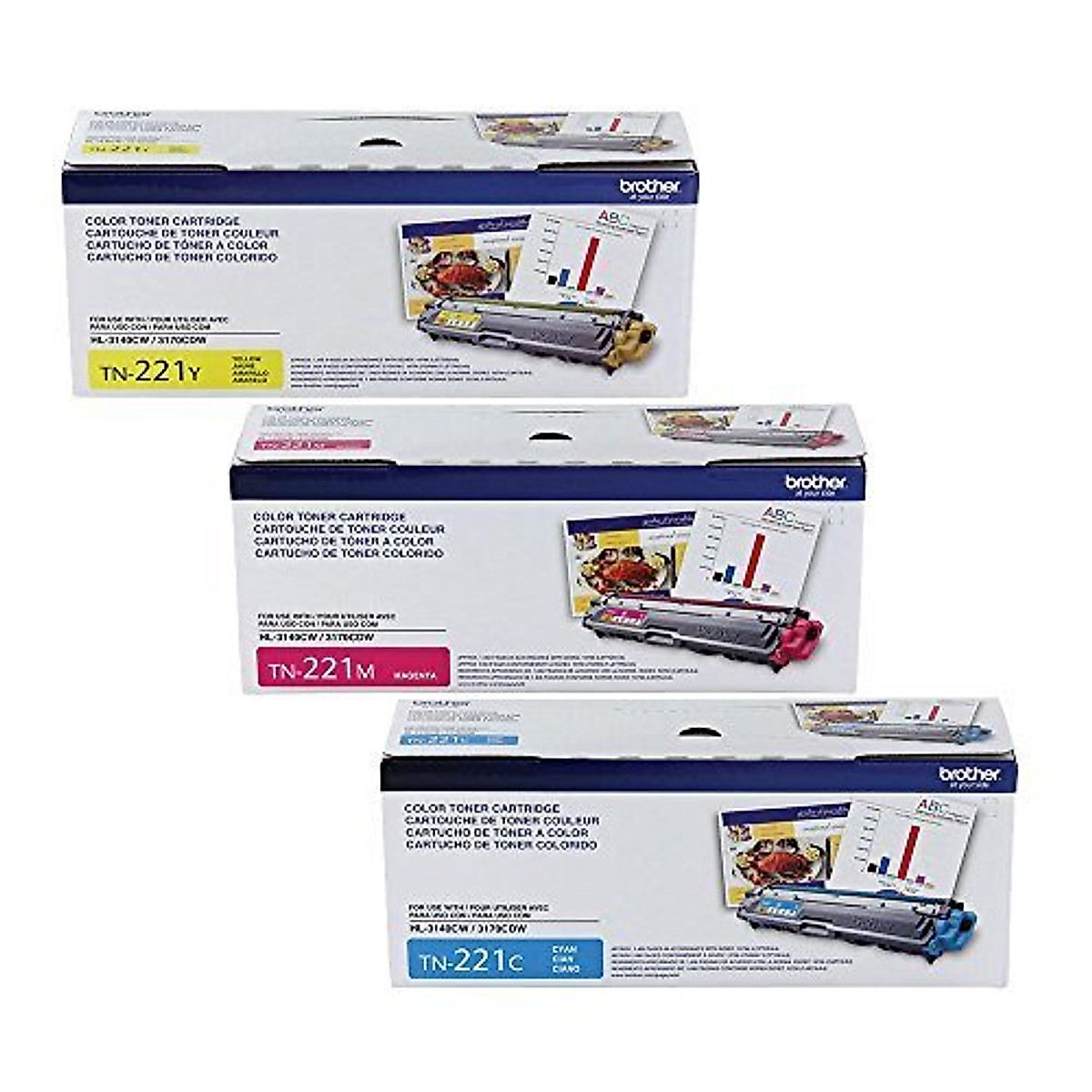 Brother Genuine TN221C, TN221M, TN221Y Color Laser Cyan, Magenta and Yellow Toner Cartridge Set