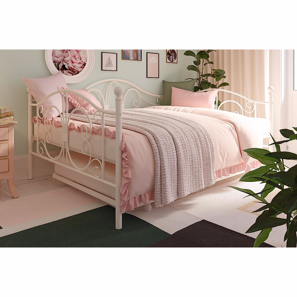 DHP Bombay Metal Full Size Daybed Frame with Included Twin Size Trundle - White, 4040129
