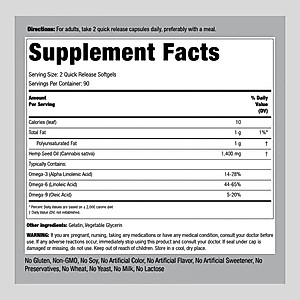 Piping Rock Hemp Oil Capsules 1400mg | 180 Softgels | Omega 3 6 9 | Cold Pressed | Gluten Free Supplements, Non-GMO