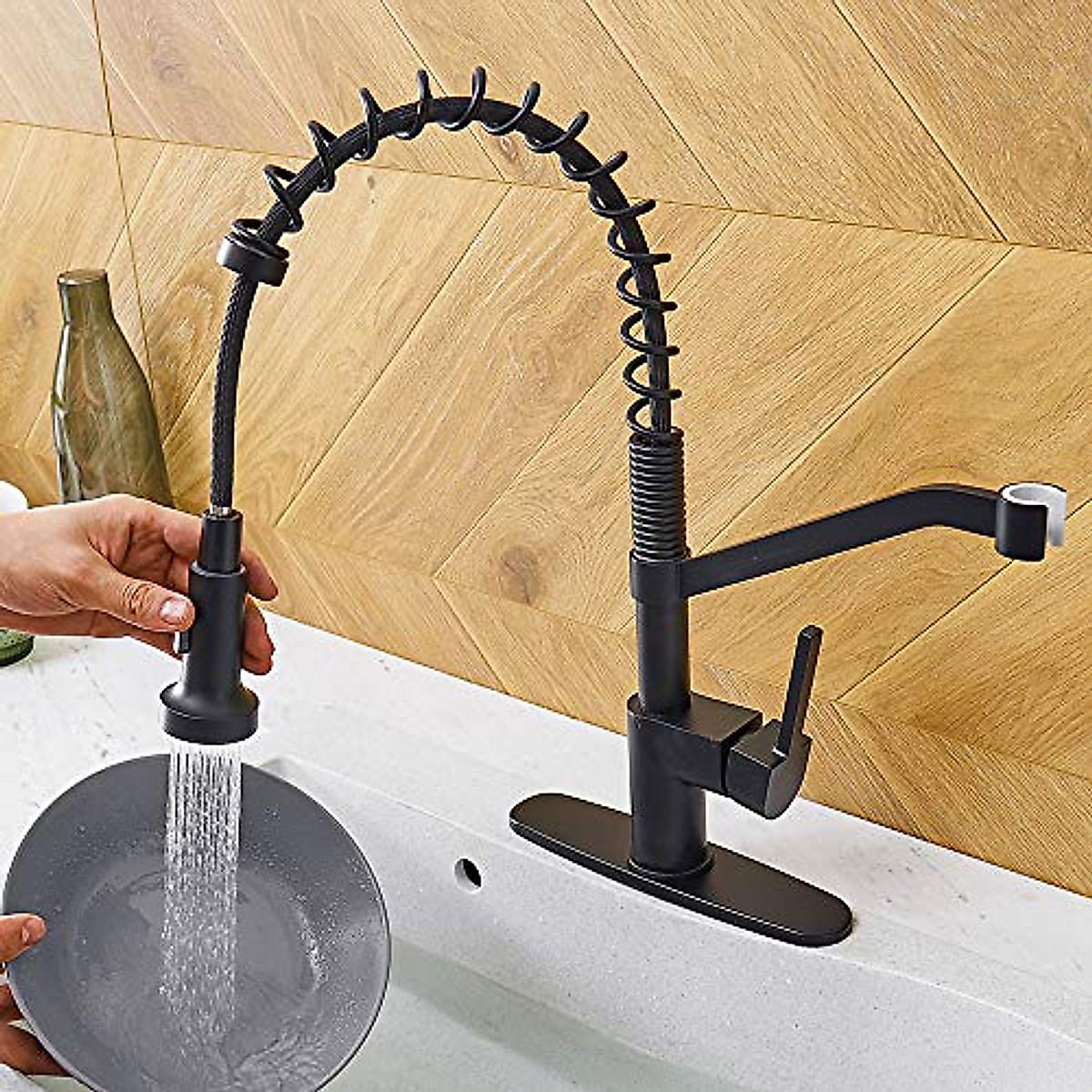 OWOFAN Black Kitchen Faucets with Pull Down Sprayer Industrial Single Handle One Hole Or 3 Hole Faucet for Farmhouse Camper Laundry Utility Rv Wet Bar Sinks