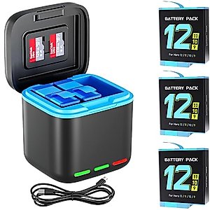 HONGDAK Hero 9/10/11/12 Battery 3-Pack 2000mAh and 3-Channel Fast Charger with Micro SD Storage Slots Fully Compatible with GoPro Hero 9 10 11 12 Black Official