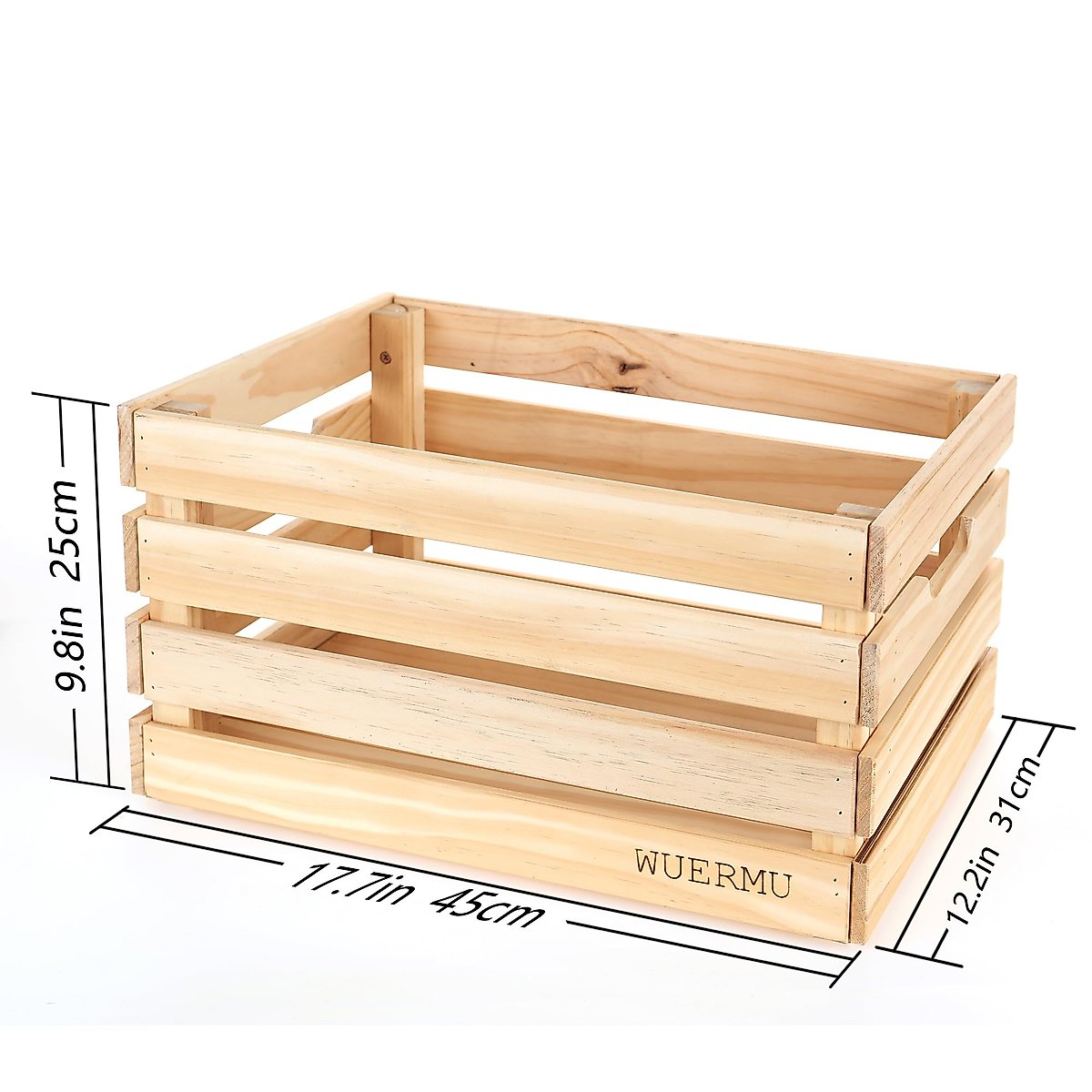 WUERMU Wooden Crates are Suitable for Storage, Milk Crates, Wine Crates, toy Crates, Display and Decoration, Camping, and Other Purposes. They are Sturdy and Durable, set of 2 Length of 17.7 inches.