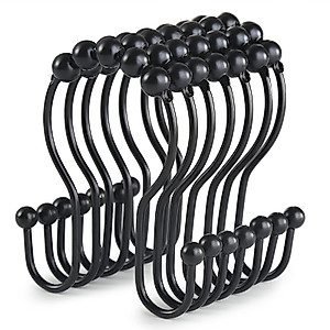 Goowin Shower Curtain Hooks, 12 Pcs Shower Curtain Rings, Stainless Steel Roller Rust-Resistant Balance Sliding Anti-Drop Double Shower Hooks for Curtain Bathroom Shower Curtains (Black)