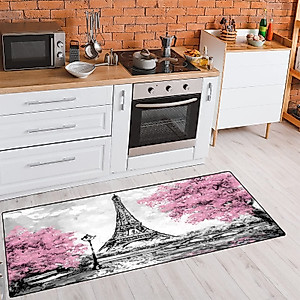 TsyTma Oil Painting Paris Eiffel Tower Kitchen Rug Non-Slip Decor Absorbent White and Pink Modern Art Kitchen Floor Mat Bathroom Rug Waterproof Runner Rug 39"x20"