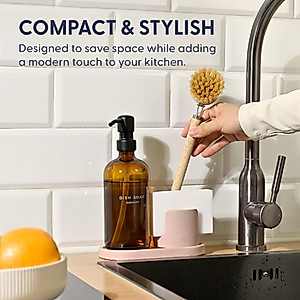 MaisoNovo Concrete Sink Sponge Holder - Kitchen Sponge Holder for Sink, Concrete Sponge and Brush Holder, Soap Dispenser, Pink Concrete Holder with Pink Oval Tray and Amber Bottle Black Pump